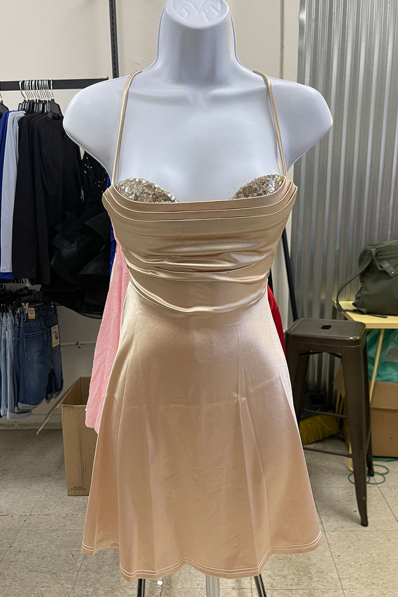 Stretch Satin Flowy Mini Dress with Sequin Layering– HyperBees