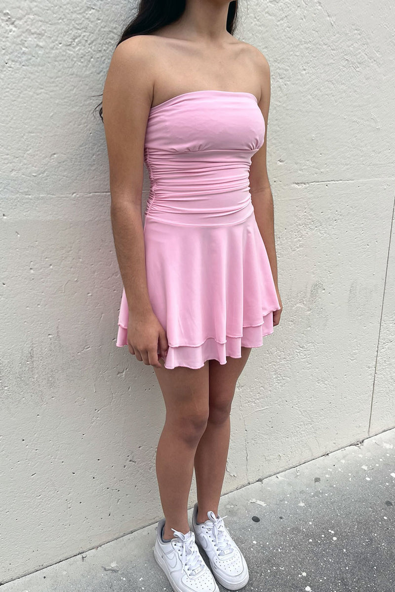 Tresser™ Strapless Ruched Ruffle Tiered Mini Dress– HyperBees
