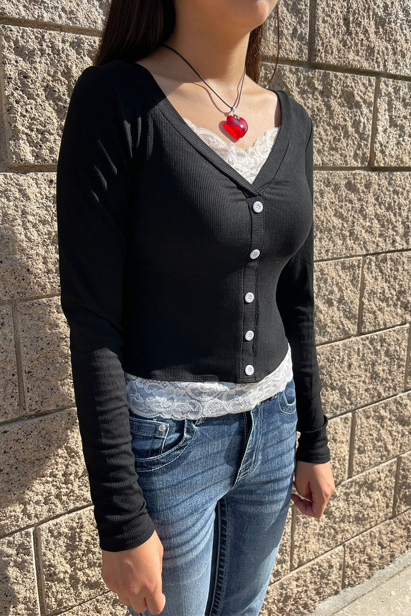 Preppy Button-Front Lace-Layered Long Sleeve Rib Knit Top– HyperBees