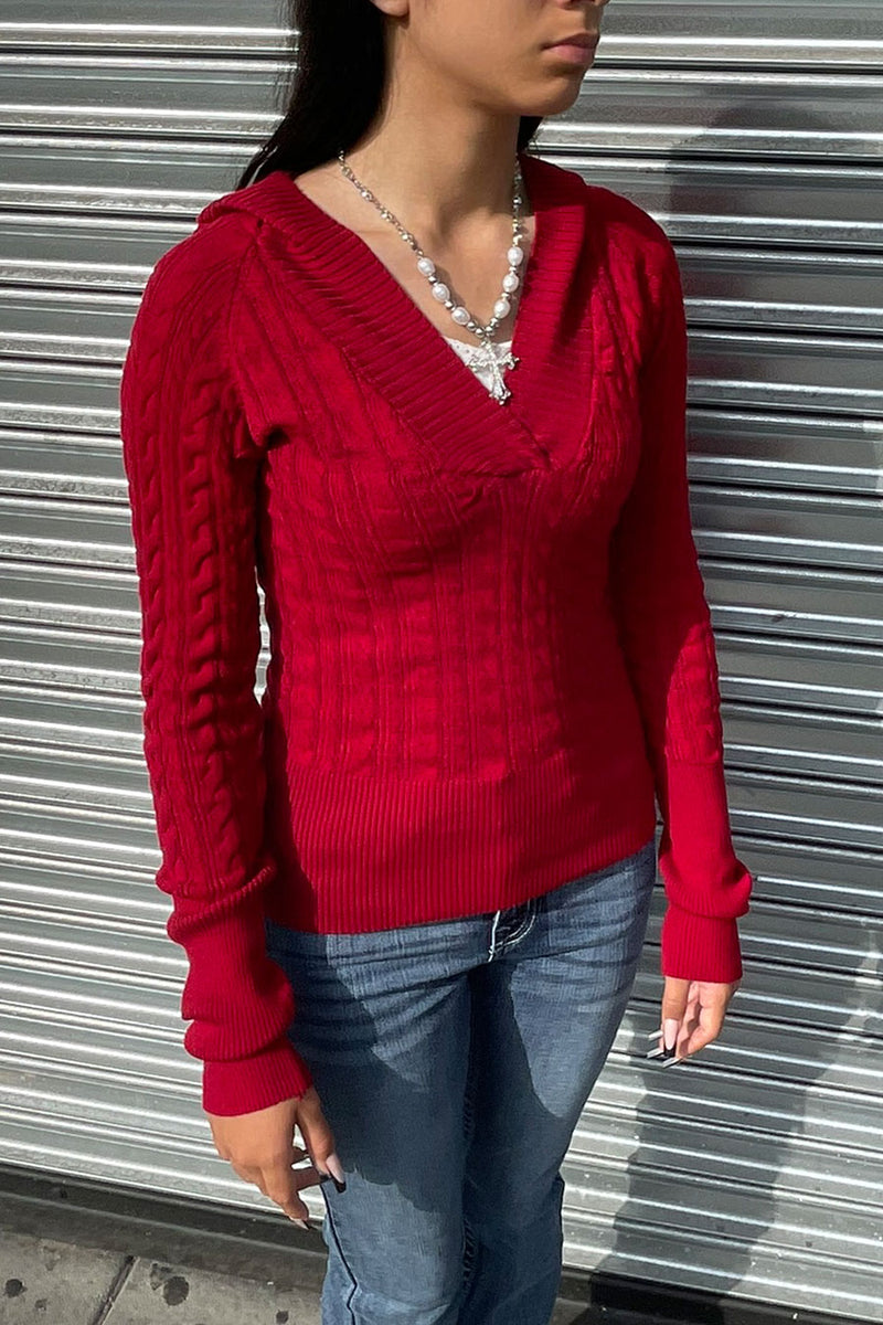 2000s Pullover Wide V-Neck Long Sleeve Cable Knit Sweater Top– HyperBees