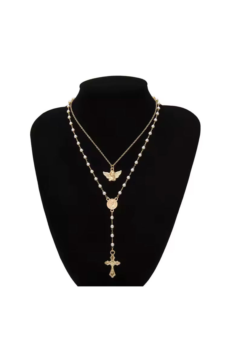 AHS Streetwear Dual Pendant Rosary Faux Pearl/Gold Necklace– HyperBees