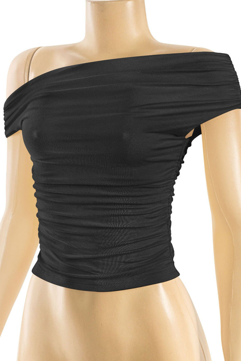 Tresser™ Asymmetrical Off Shoulder Ruched Crop Top (Double-Layer ...