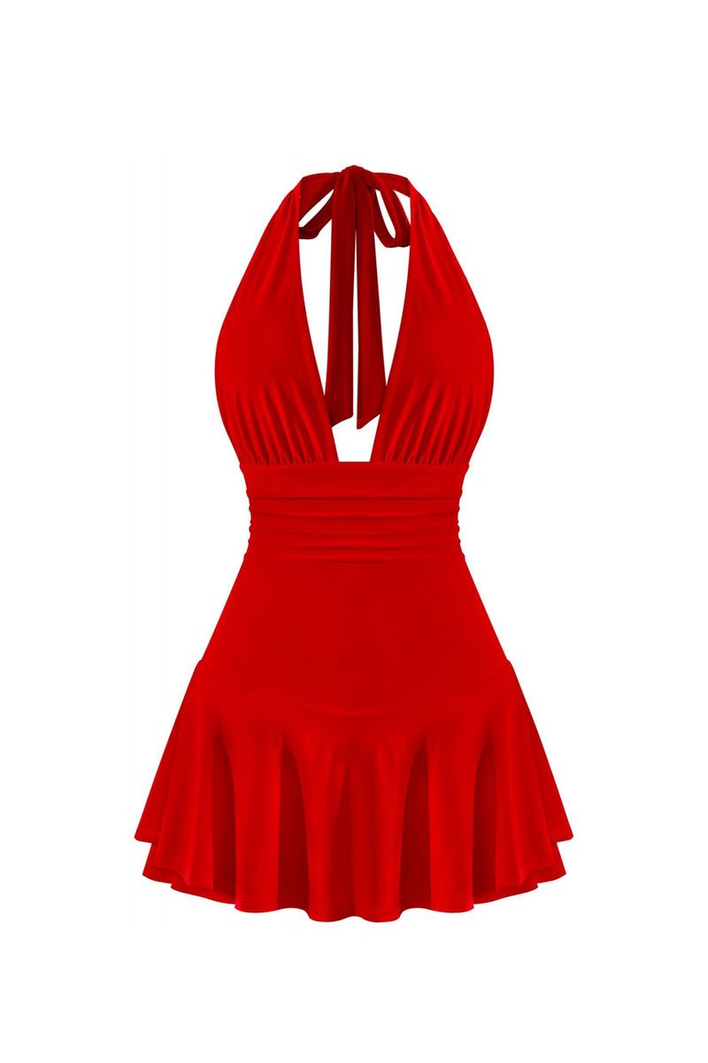 Tresser™ Sleeveless Open Back Halter Ruffled Dress with Inner Shorts ...