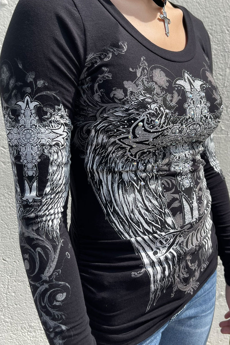 Y2K McBling Cross & Wing Graphic Rhinestone Print Side Shirred Long Sl ...
