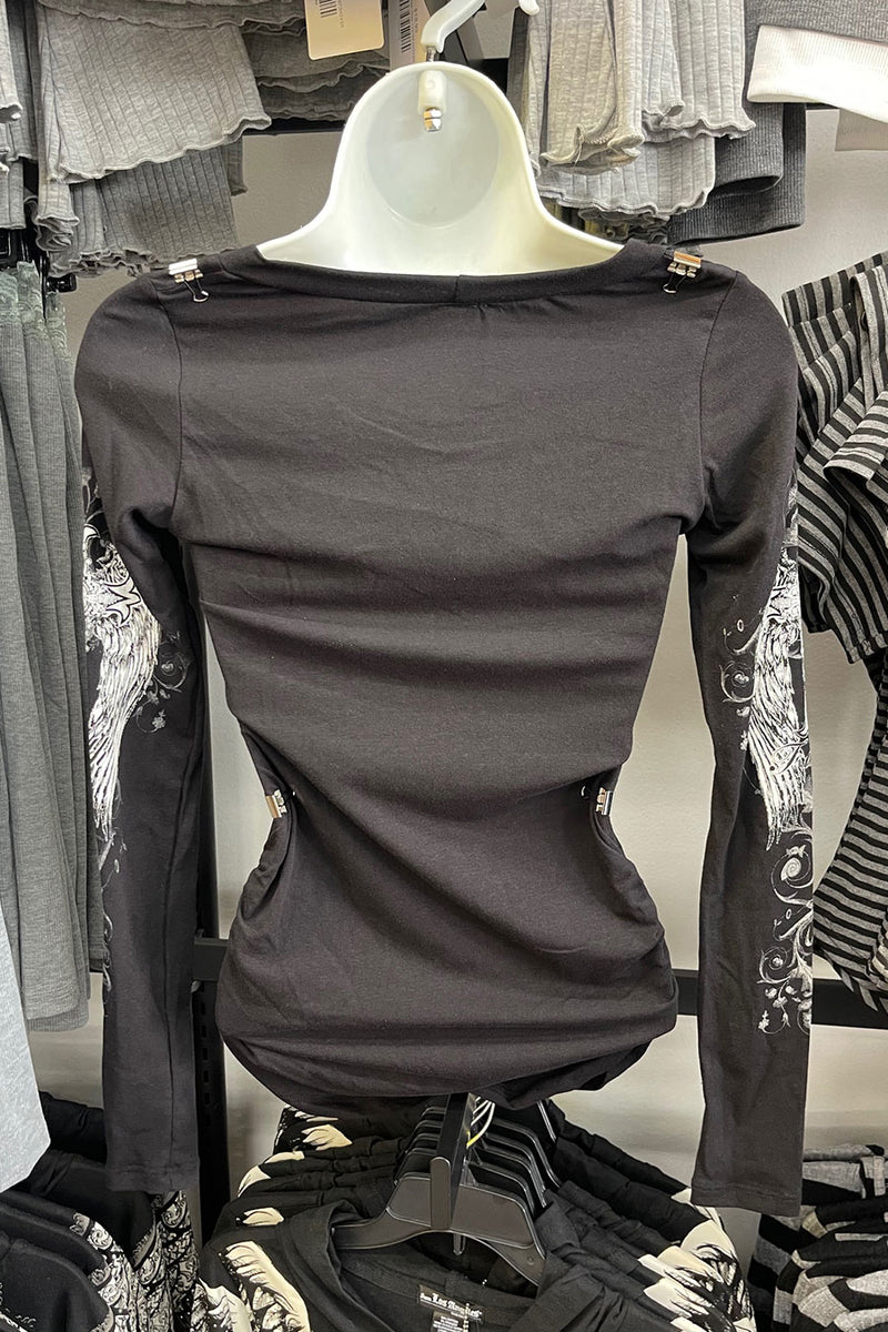 Y2K McBling Cross & Wing Graphic Rhinestone Print Side Shirred Long Sl ...