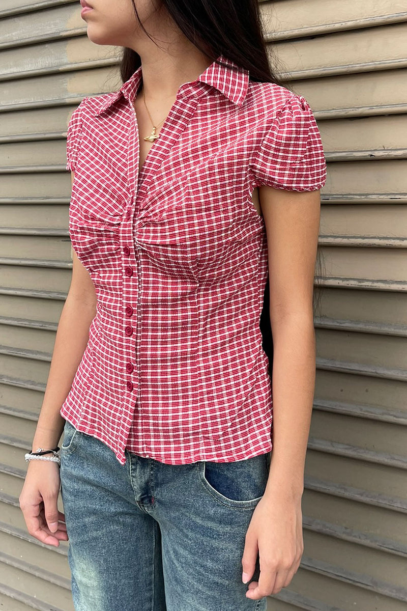 Y2K Red Gingham Checkered Puff Sleeve Fitted Shirt– HyperBees