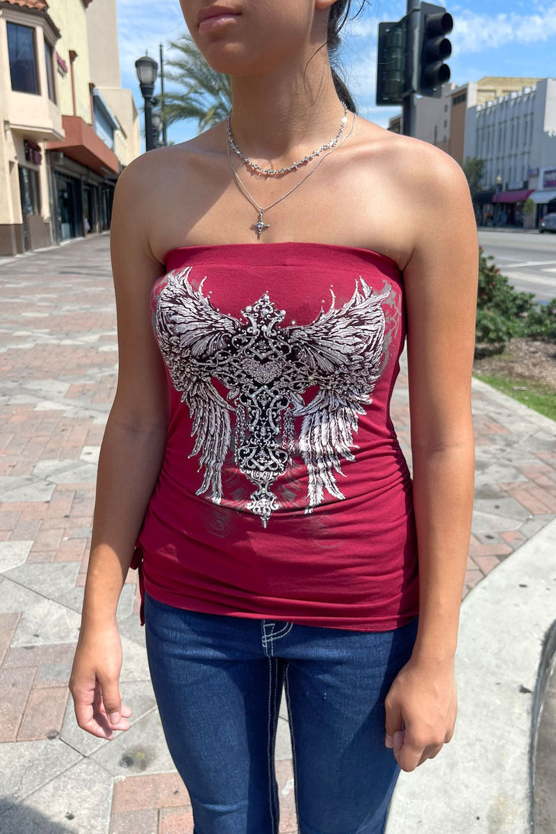 Y2K McBling Small Heart Cross & Wing Graphic RhineStone Print Side Shi ...