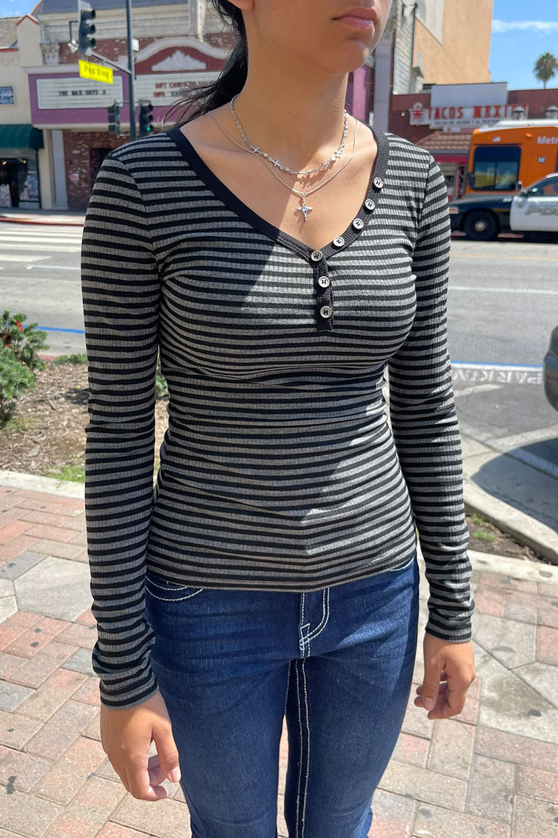Y2K Button-Down Henley Neck Stripped Long Sleeve Rib Top– HyperBees