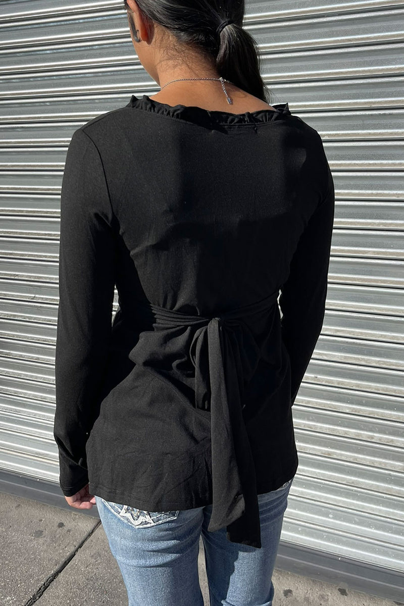 2000s Ruffled V-Neck Long Sleeve Baby Doll Top with Button Detail ...