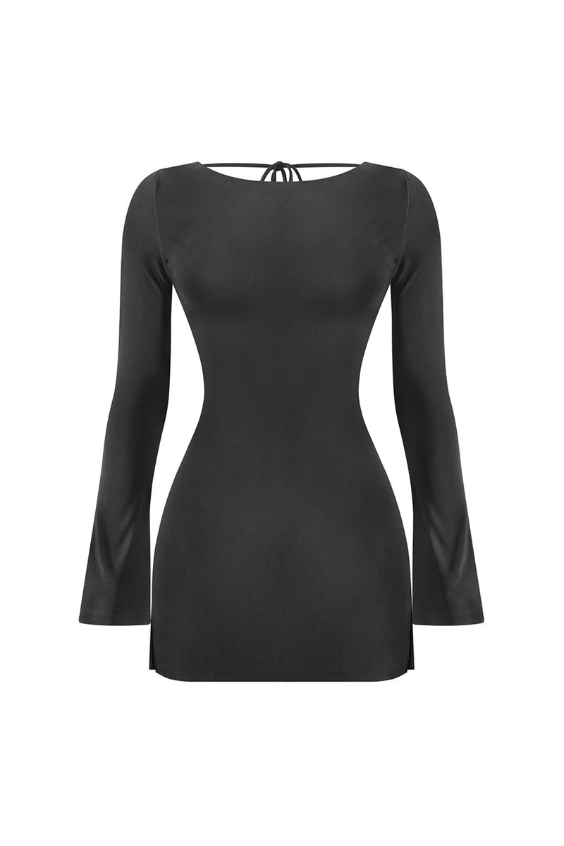 Tresser™ Long Bell Sleeves Open Back Side Slits Mini Bodycon Dress ...