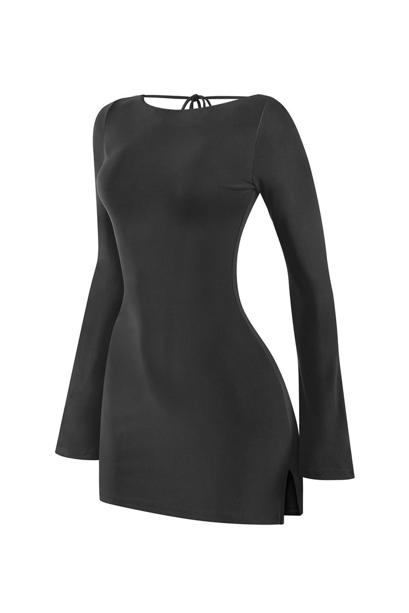 Tresser™ Long Bell Sleeves Open Back Side Slits Mini Bodycon Dress ...