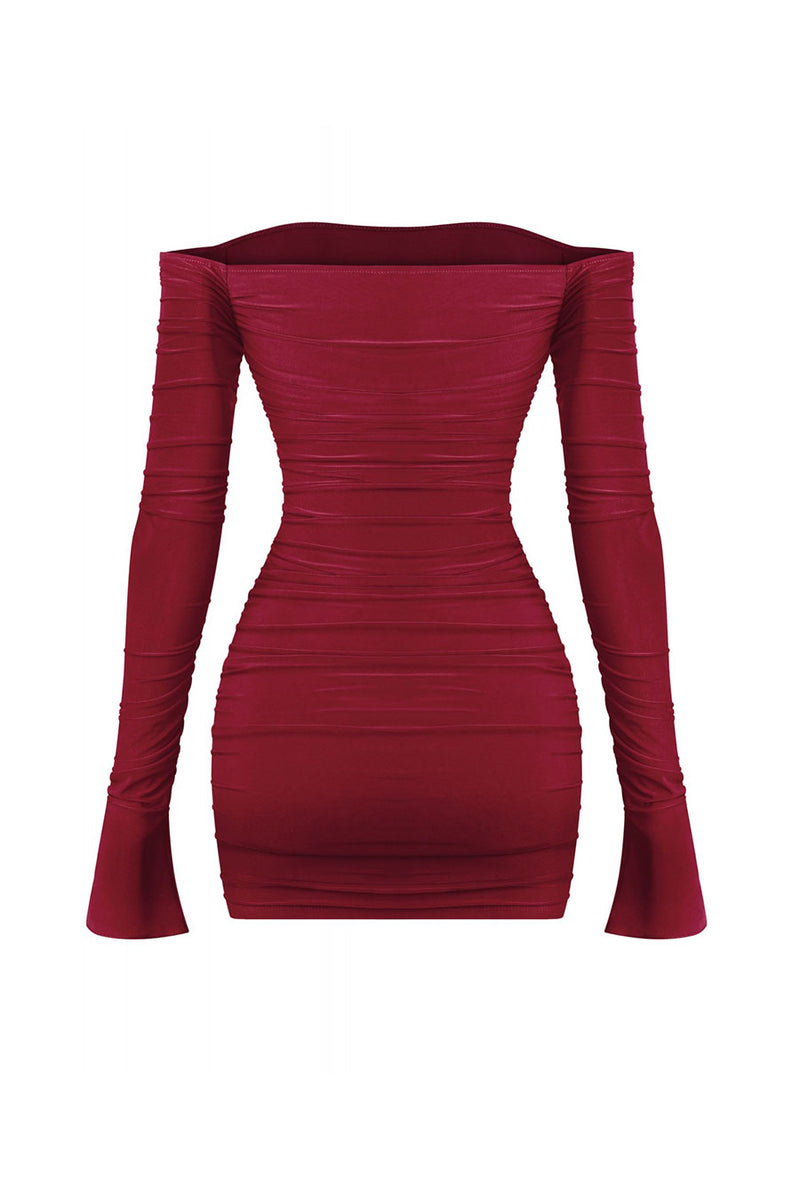 Tresser™ Off Shoulder Long Bell Sleeve Ruched Mini Bodycon Dress– HyperBees