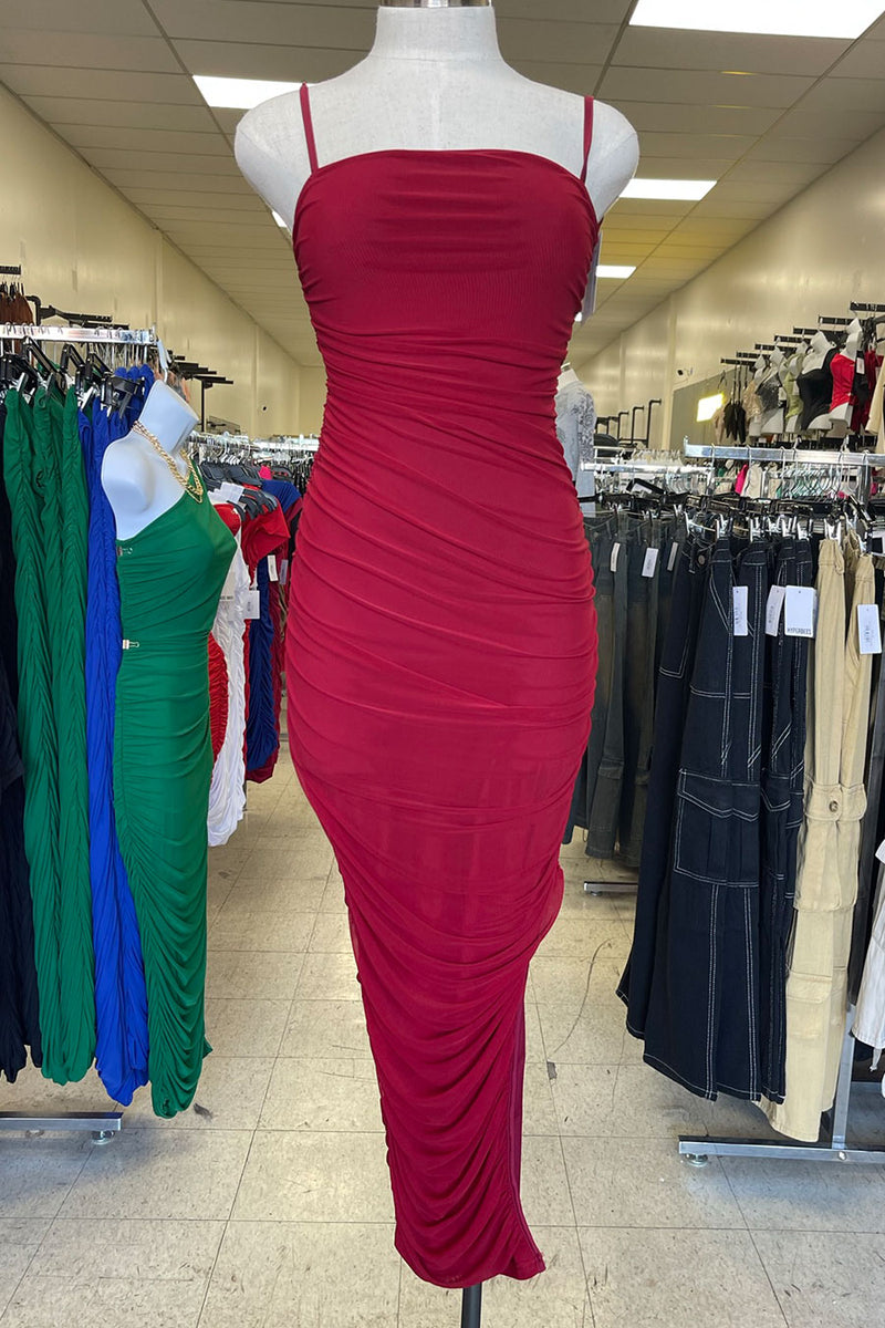 ENBE™ Mesh Double-Layer Ruched Side Slit Bodycon Long Maxi Magic Stret ...