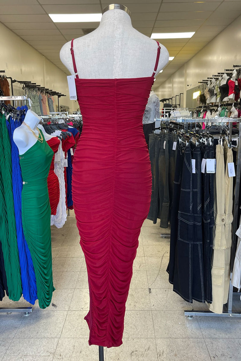 ENBE™ Mesh Double-Layer Ruched Side Slit Bodycon Long Maxi Magic Stret ...